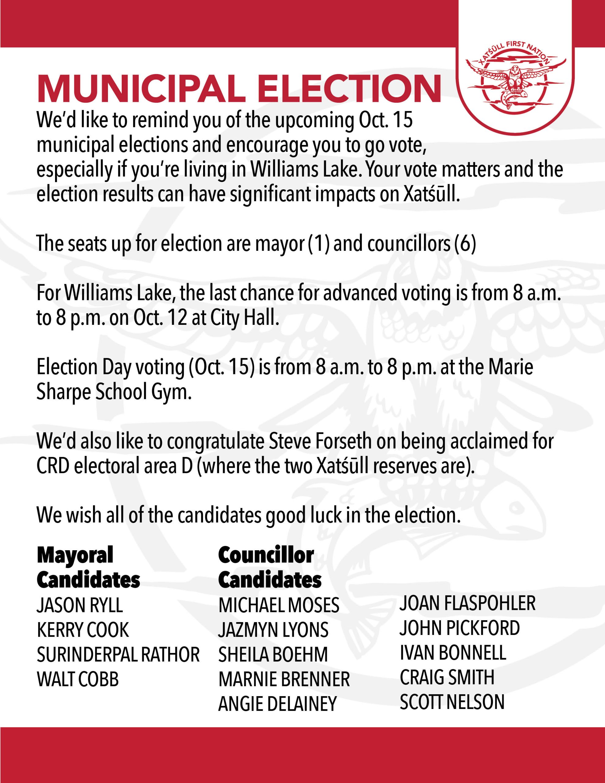 Municipal election reminder - Xatśūll First Nation