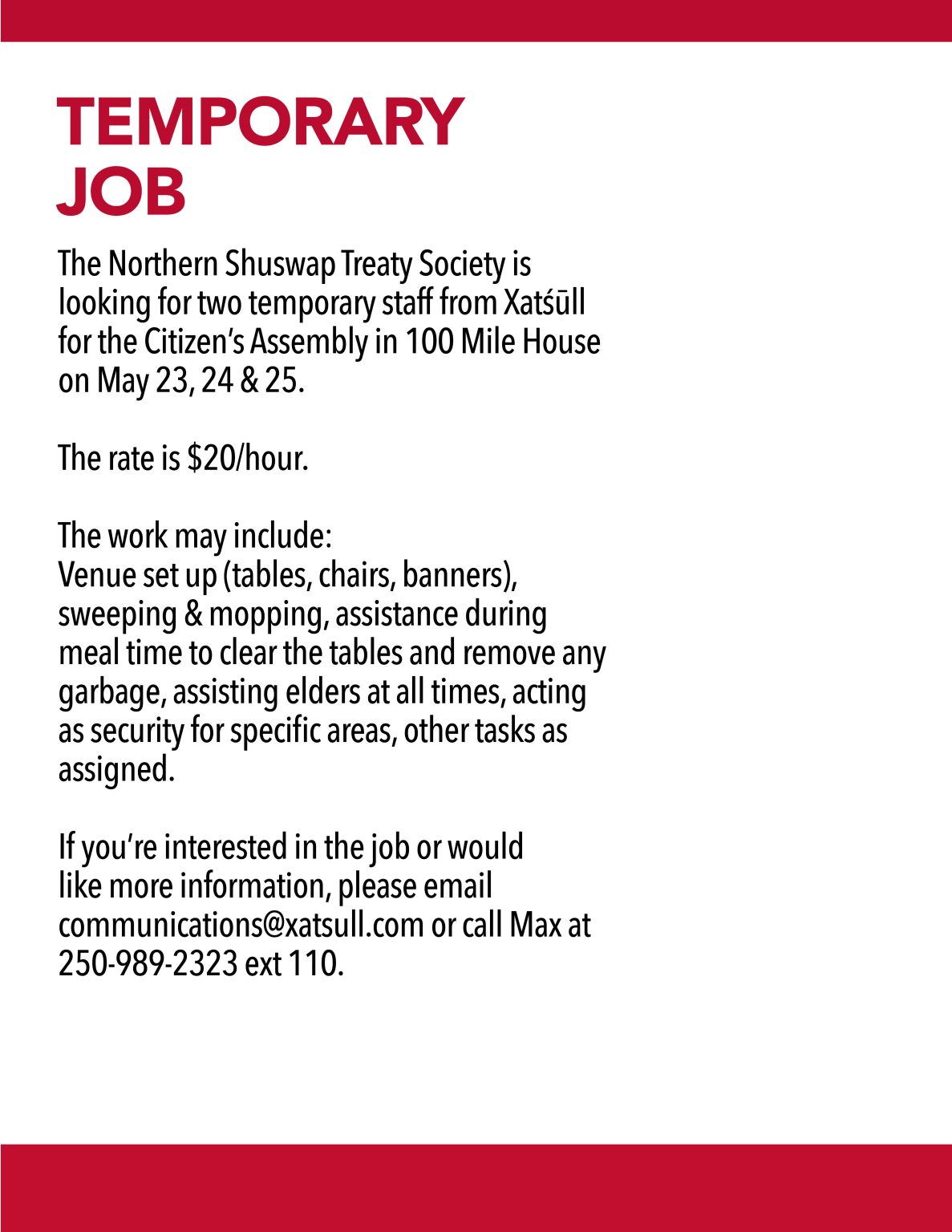 Temporary Job - Xatśūll First Nation